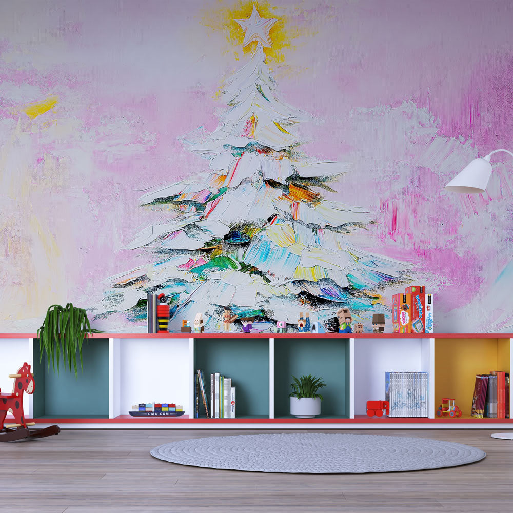 Mural Wallpaper Christmas Tree | Decorated Tree on Pastel Pink Backgro ...