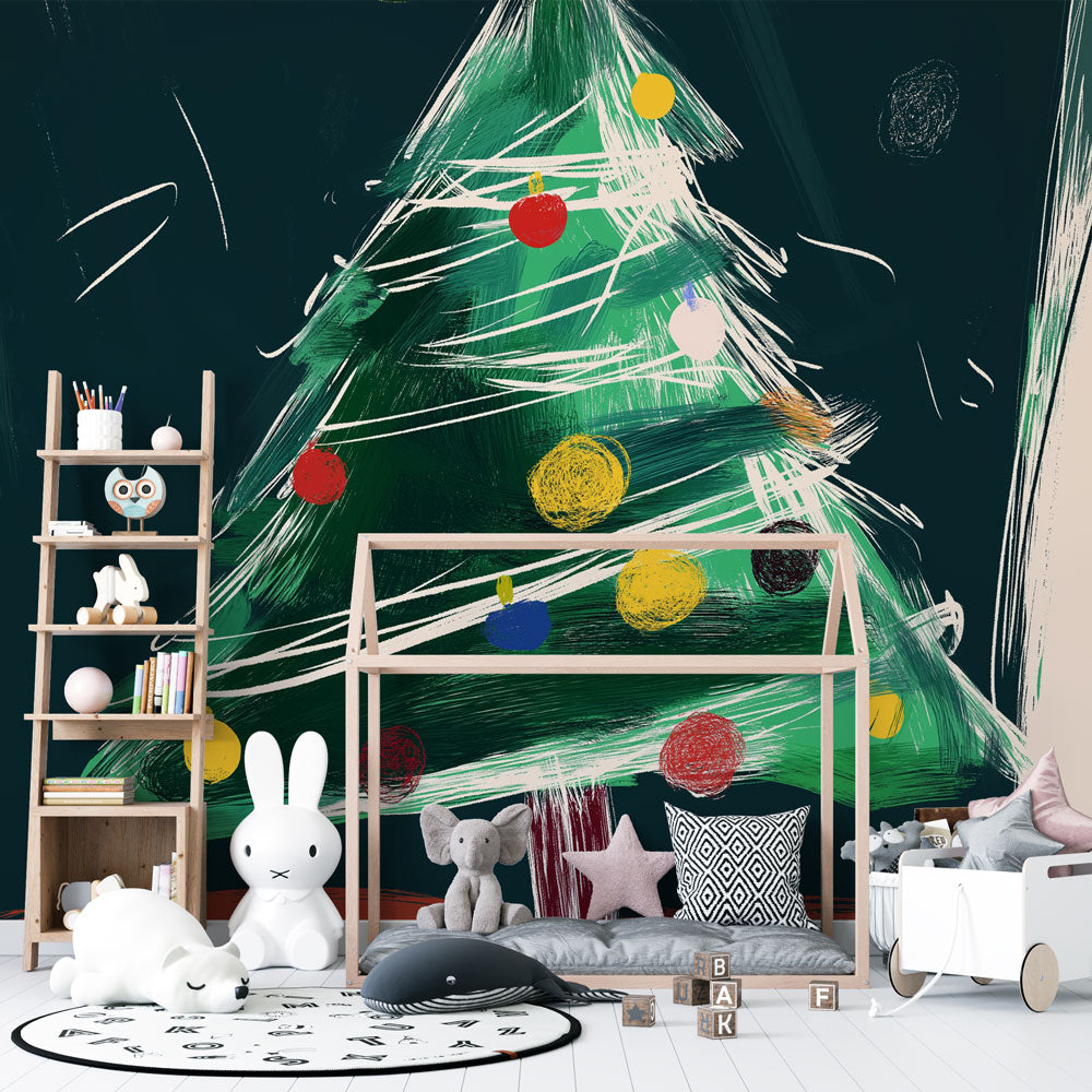 Mural Wallpaper Christmas Tree | Festive Tree with Colorful Decoration ...