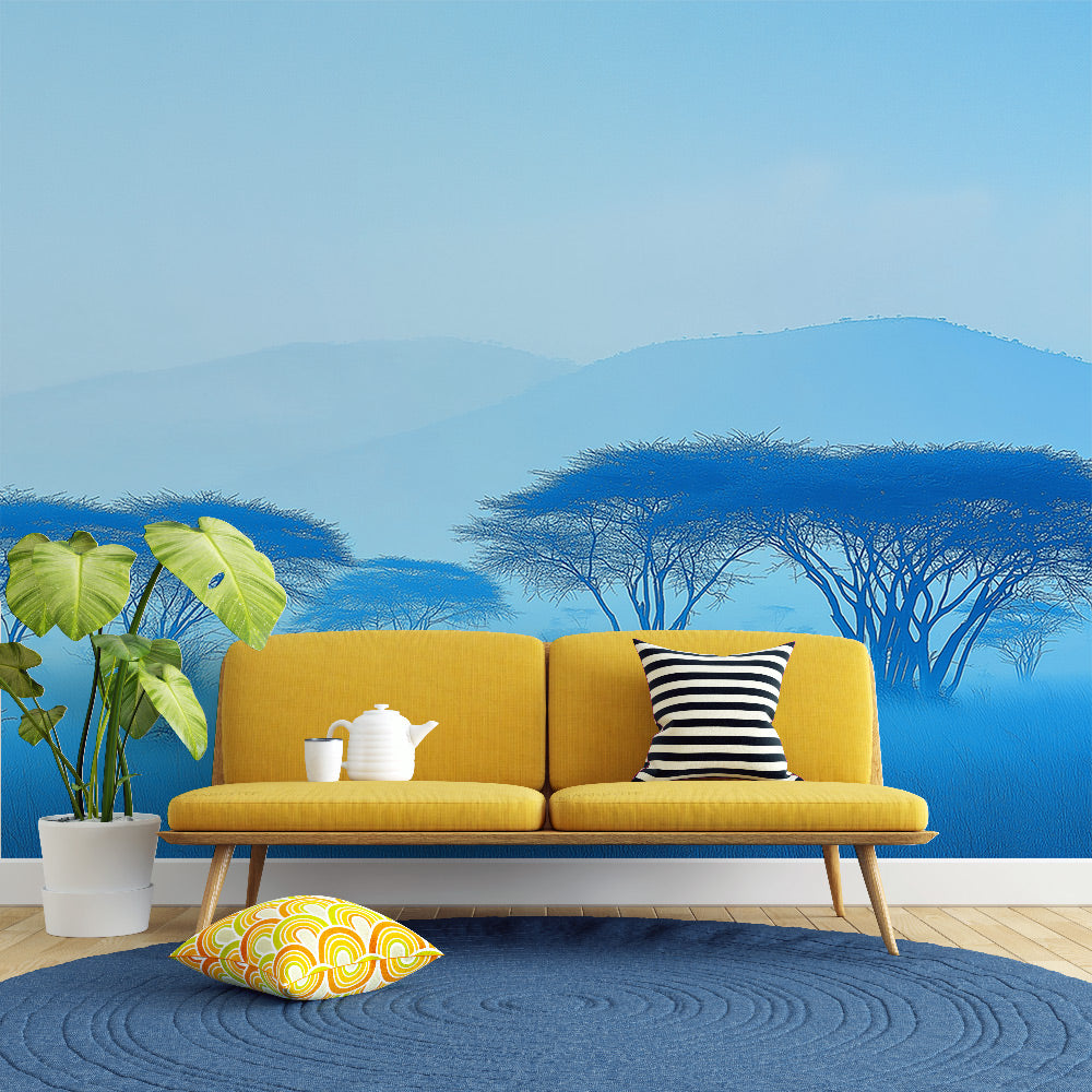 Mural Wallpaper blue savannah | Soothing misty landscape — WonderMural