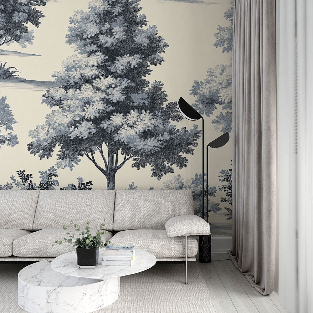 Mural Wallpaper shabby chic | Tree and bush pattern in shades of gray ...