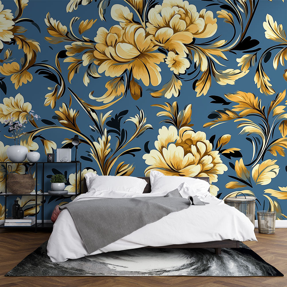 Mural Wallpaper shabby chic | Golden floral pattern on deep blue backg ...