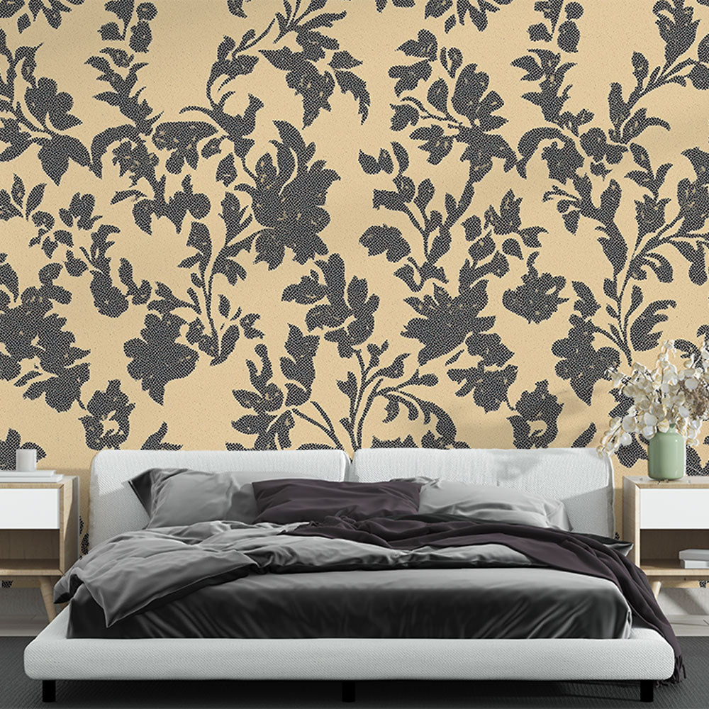 Mural Wallpaper shabby chic | Elegant floral pattern in blue on cream ...