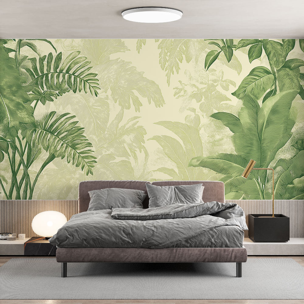 Tapetti shabby chic | Trooppinen kuvio herkillä vihreillä lehdilläI18n ...