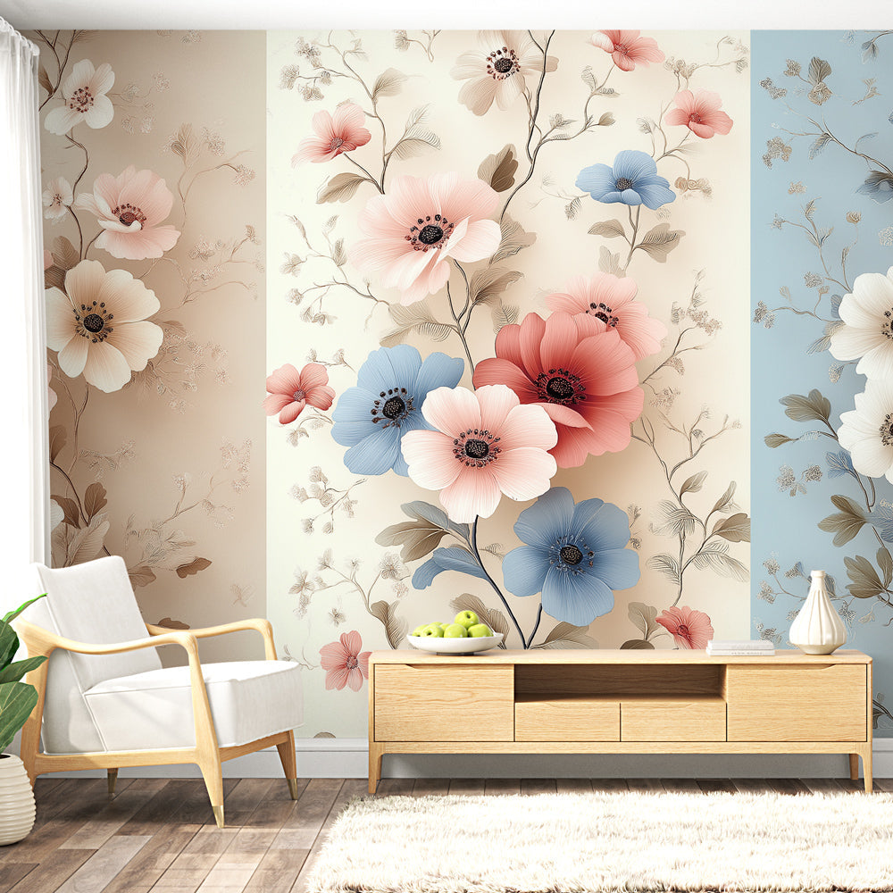 Mural Wallpaper shabby chic | Pastel floral patterns on a soft backgro ...