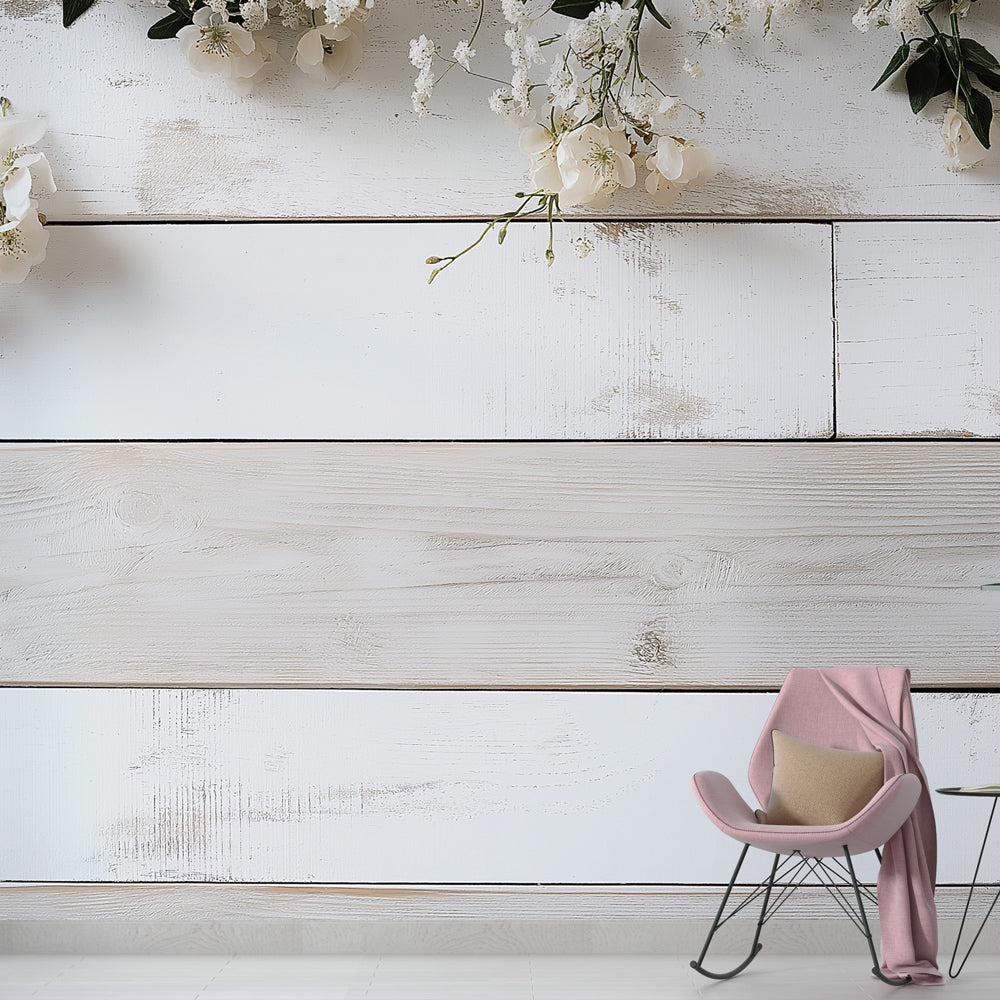Mural Wallpaper shabby chic | White wooden plank and delicate flowers ...