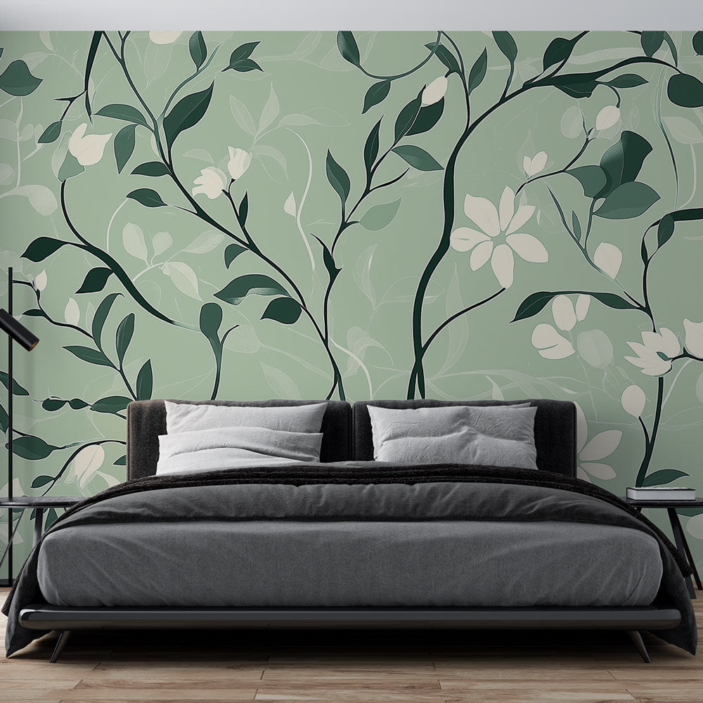 Mural Wallpaper shabby chic | Vines with white flowers on soft green b ...