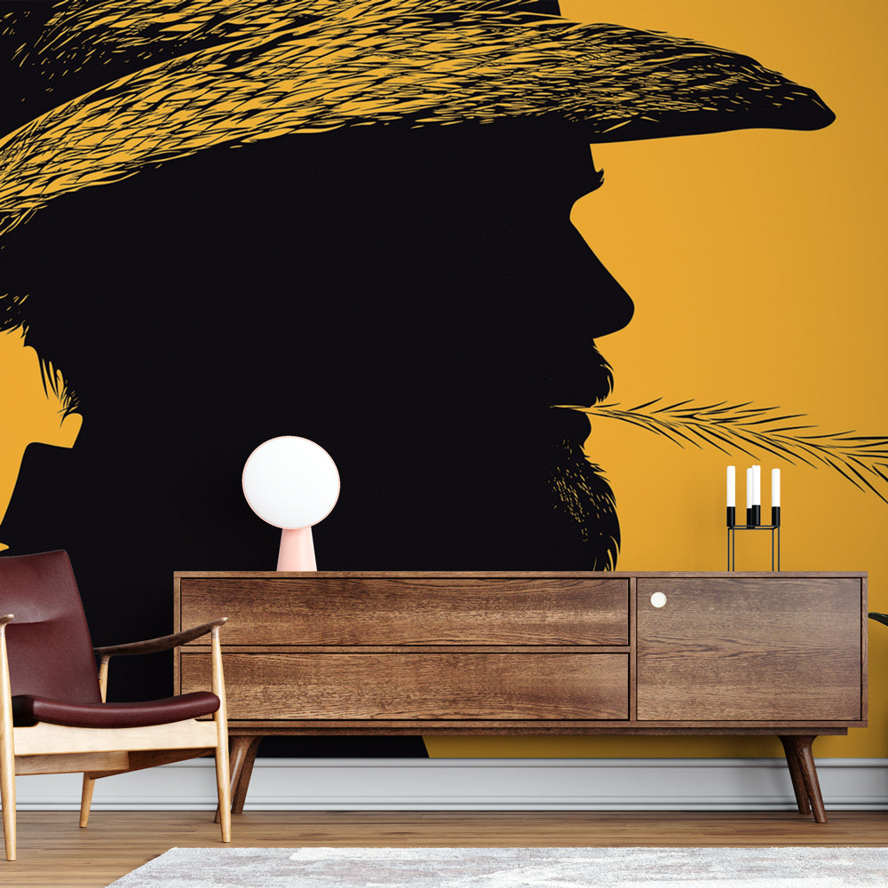 Mural Wallpaper silhouette | Silhouette of a man in a hat on a yellow ...