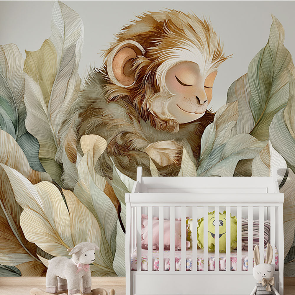 Mural Wallpaper monkey and leaves | An adorable monkey sleeping among ...