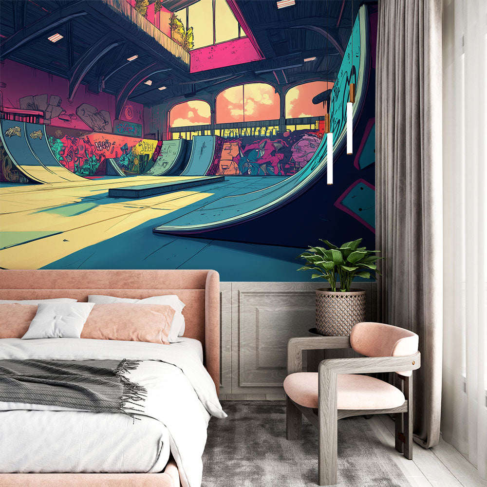 Mural Wallpaper skateboard | Colorful interior of a skatepark with ram ...