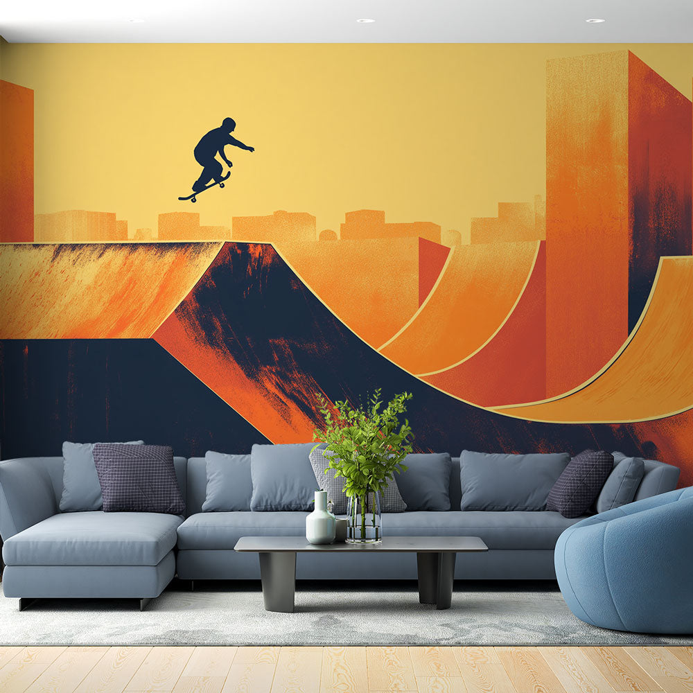 Mural Wallpaper skateboard | Stylized skate ramps in warm colors ...