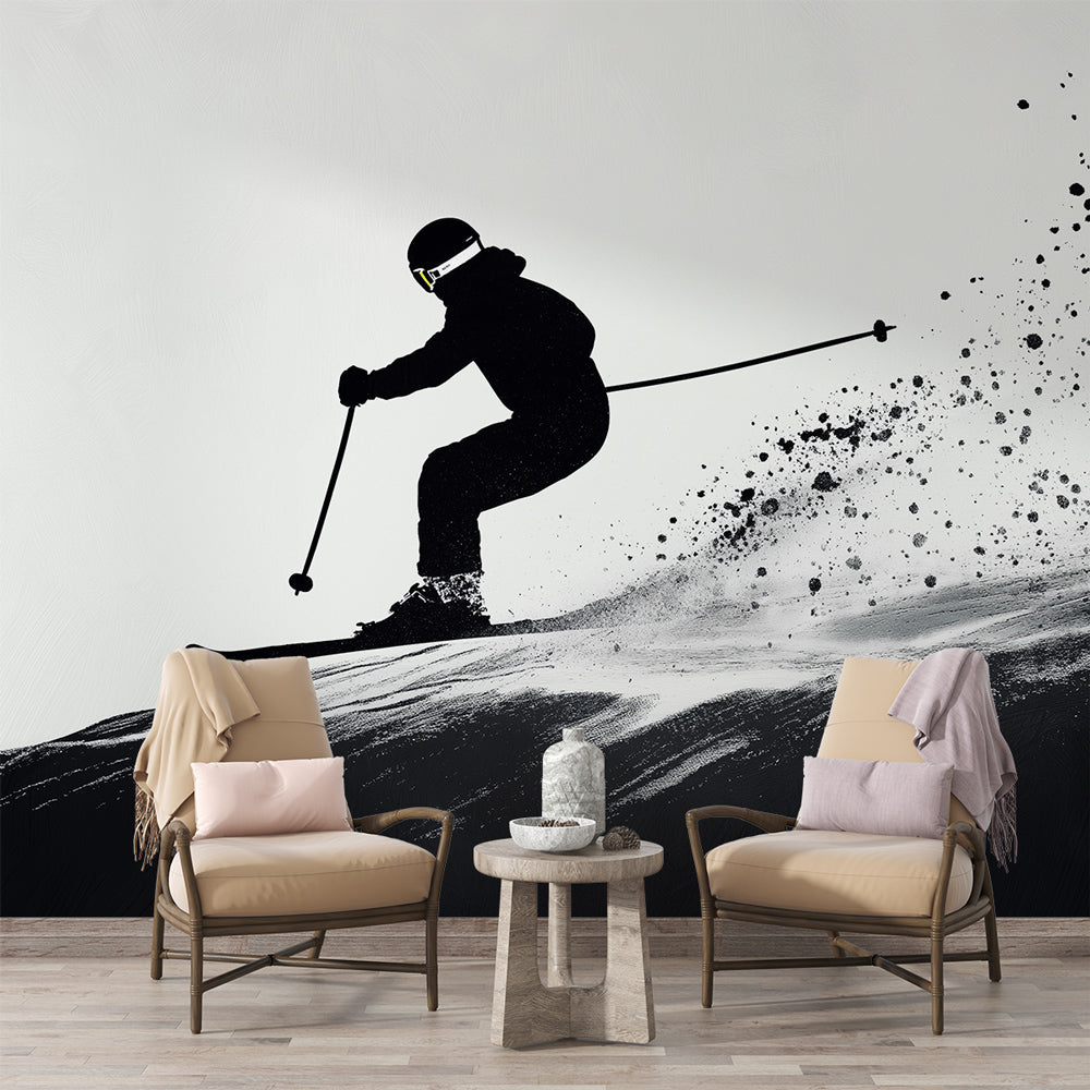 Mural Wallpaper ski | Black and white monochrome drawing — WonderMural