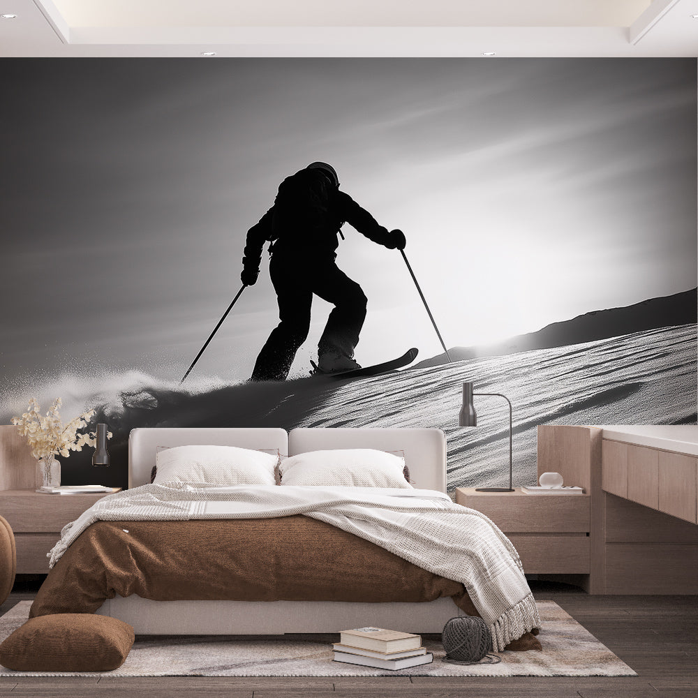 Mural Wallpaper ski | Panoramic in black and white — WonderMural