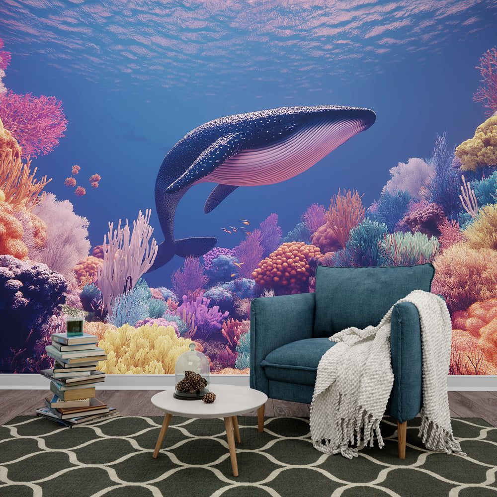 Mural Wallpaper underwater | Vibrant marine ecosystem with a whale and ...