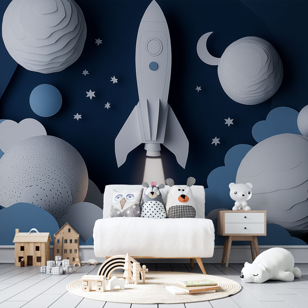 Mural Wallpaper space | Rocket and planets in relief on blue backgroun ...