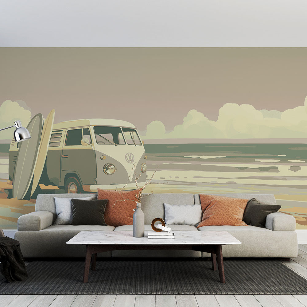 Papel pintado surf | Combi y playa gris pastel — WonderMural