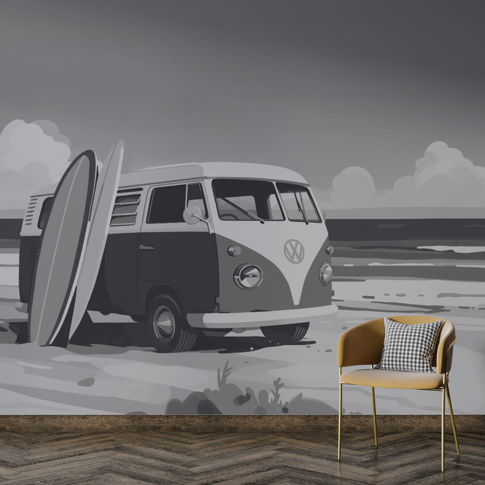 Papel pintado surf | Combi y playa en blanco y negro — WonderMural