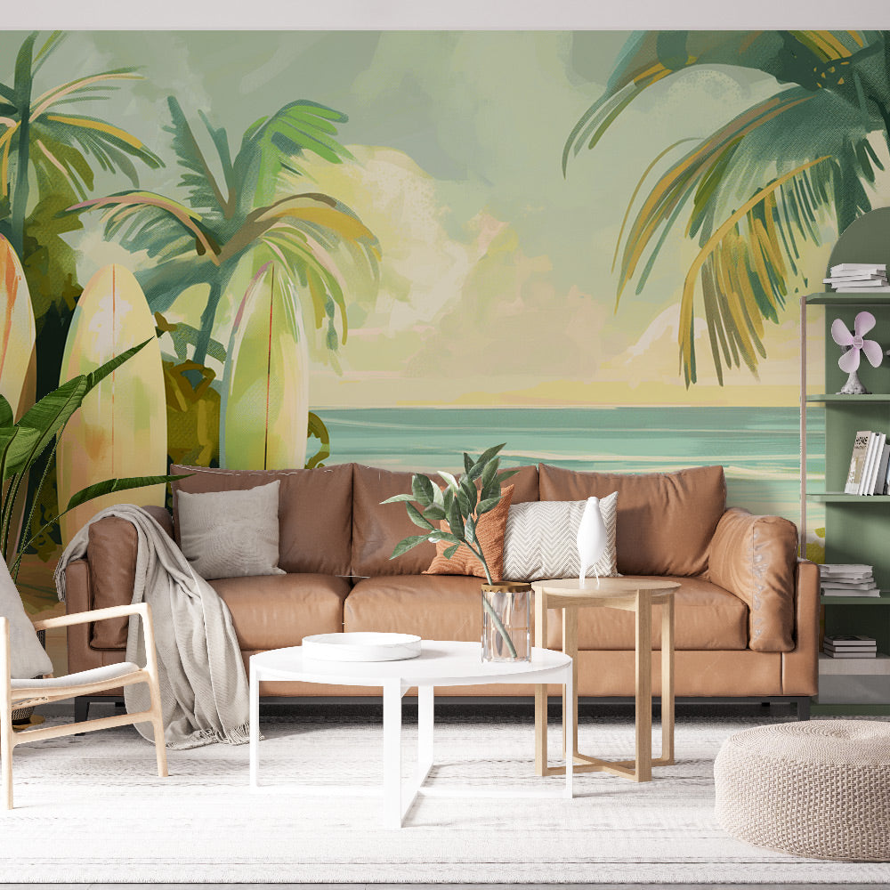 Foto Behang surf | Tekening vintage boards en strand — WonderMural