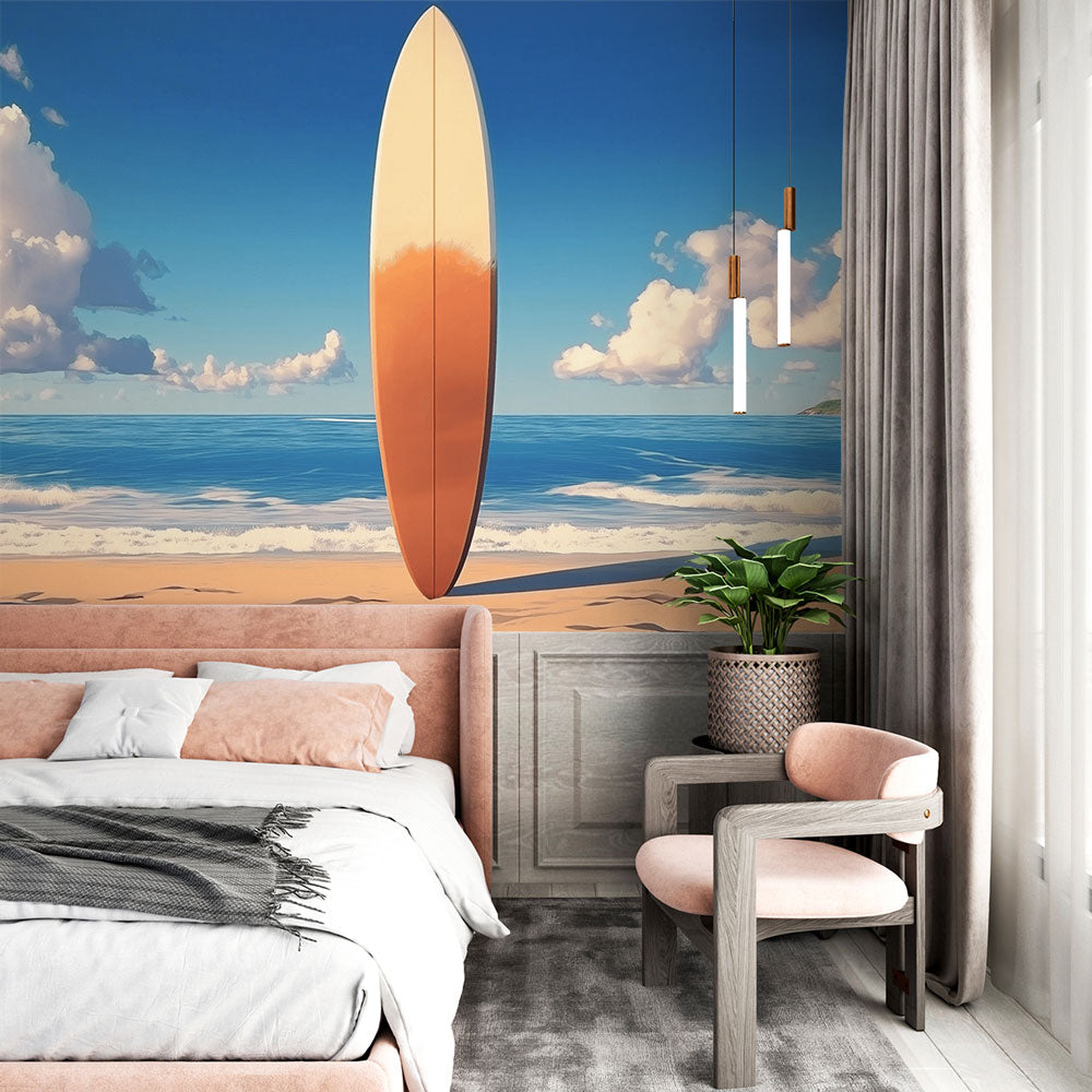 Mural Wallpaper surf | Surfboard by the sea under a blue sky — WonderMural