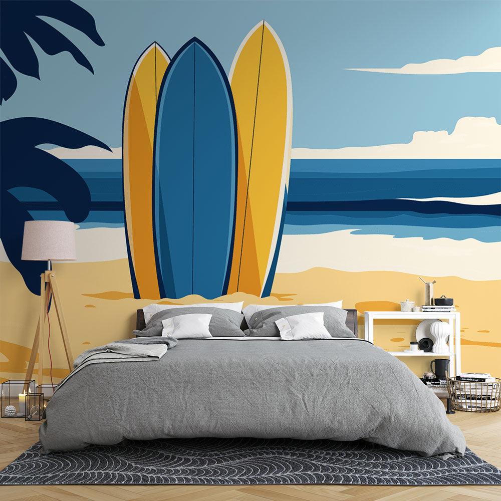 Foto Behang surf | Kleurrijke surfplanken op een zonnig strand ...
