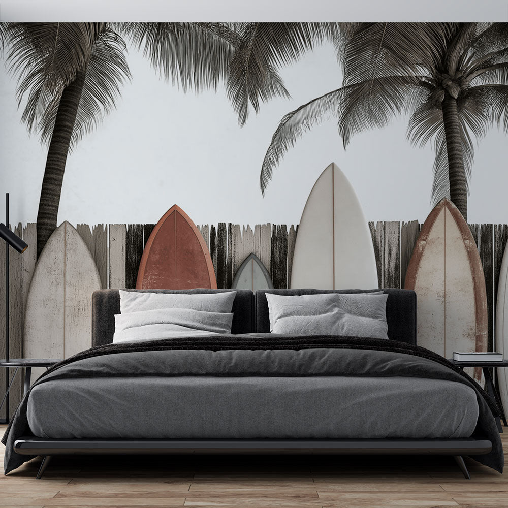 Mural Wallpaper surf | Surfboards and palm trees on a beach background ...