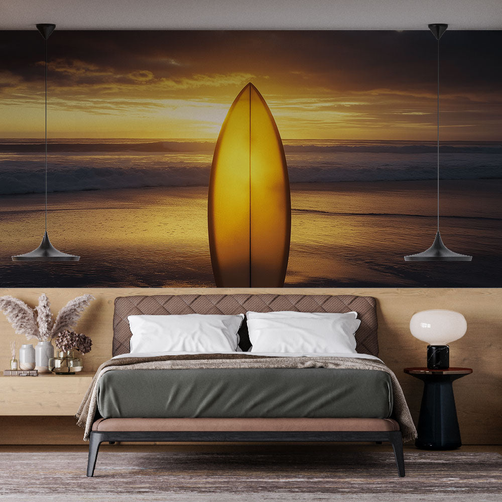 Mural Wallpaper surf | Silhouette of a surfboard at sunset — WonderMural