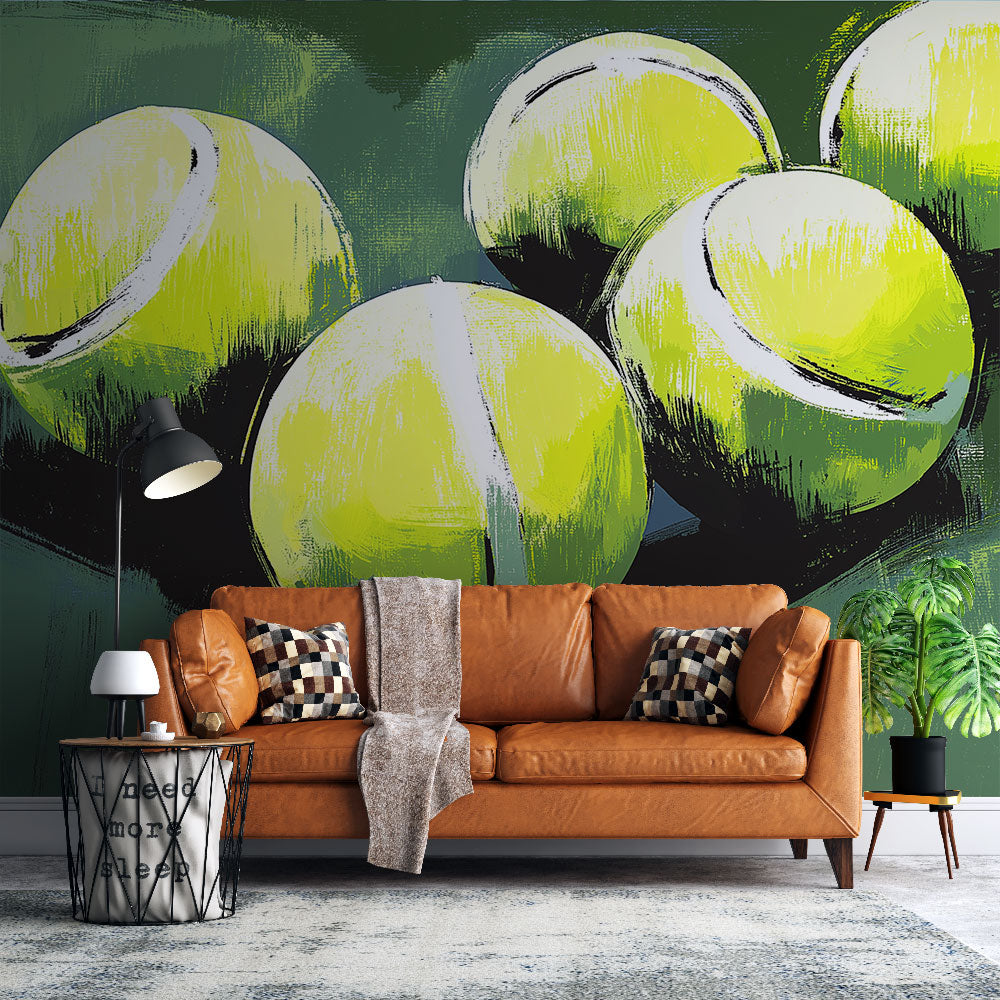 Mural Wallpaper tennis | Vibrant tennis balls on green background ...