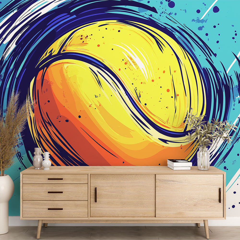 Mural Wallpaper tennis | Dynamic tennis ball design on a colorful back ...