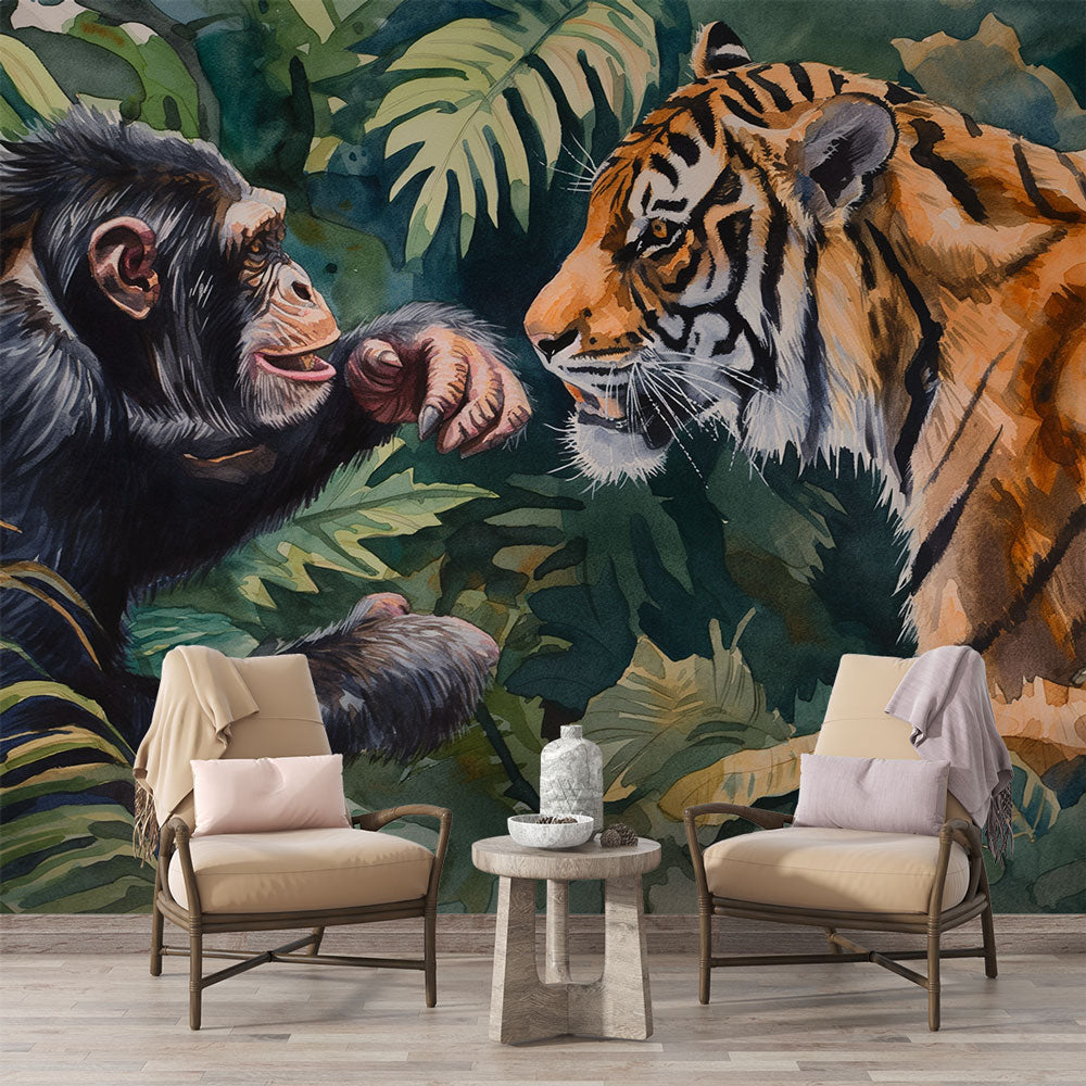 Mural Wallpaper tiger and chimpanzee | Dialogue in the jungle — WonderMural