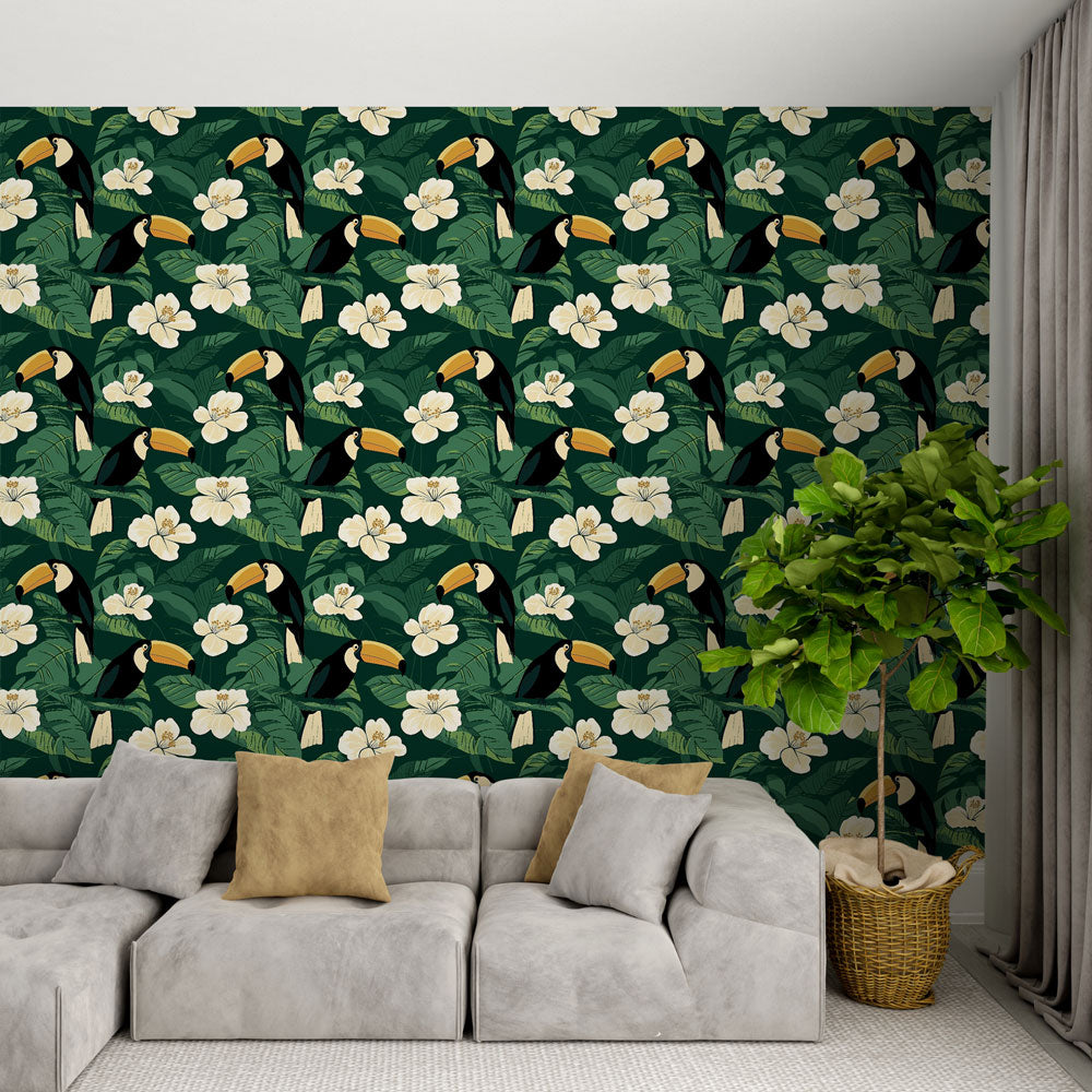 Mural Wallpaper toucan | Tropical escape with toucans and white flower ...