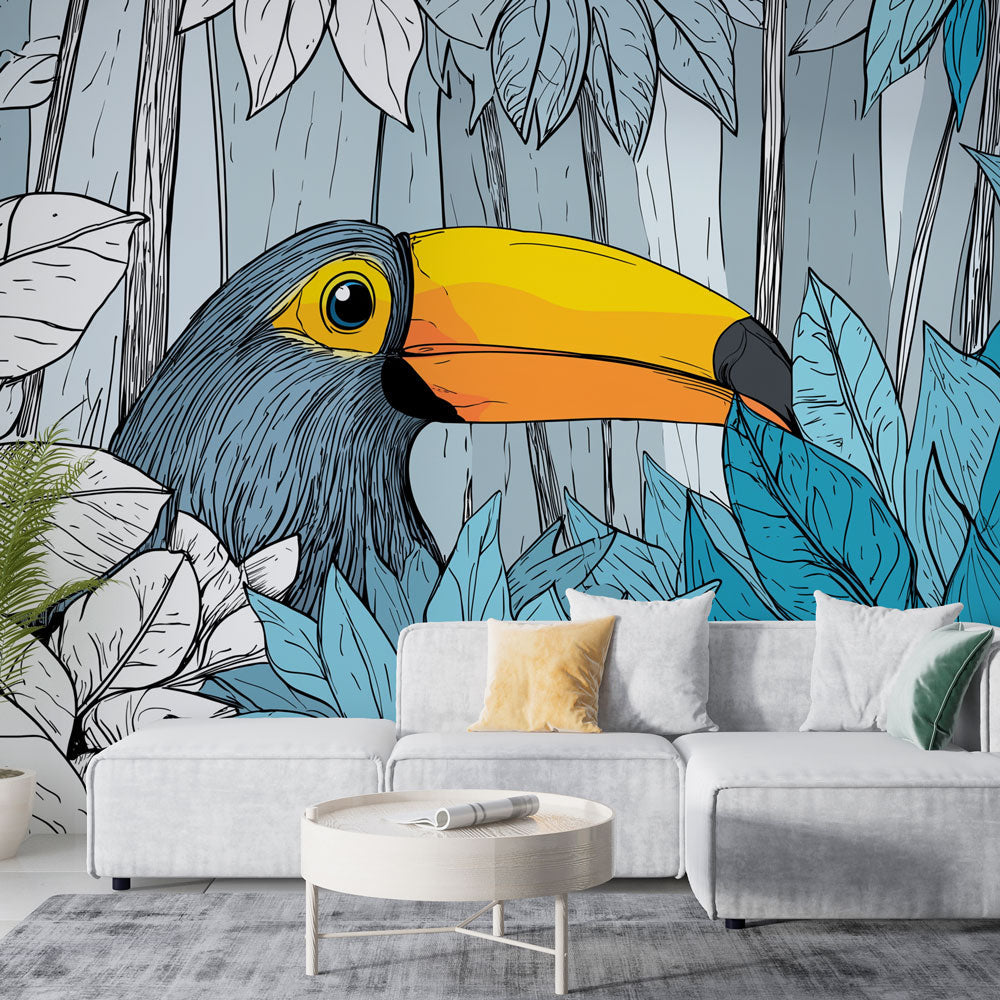 Mural Wallpaper toucan | Vibrant illustration of toucan among exotic f ...