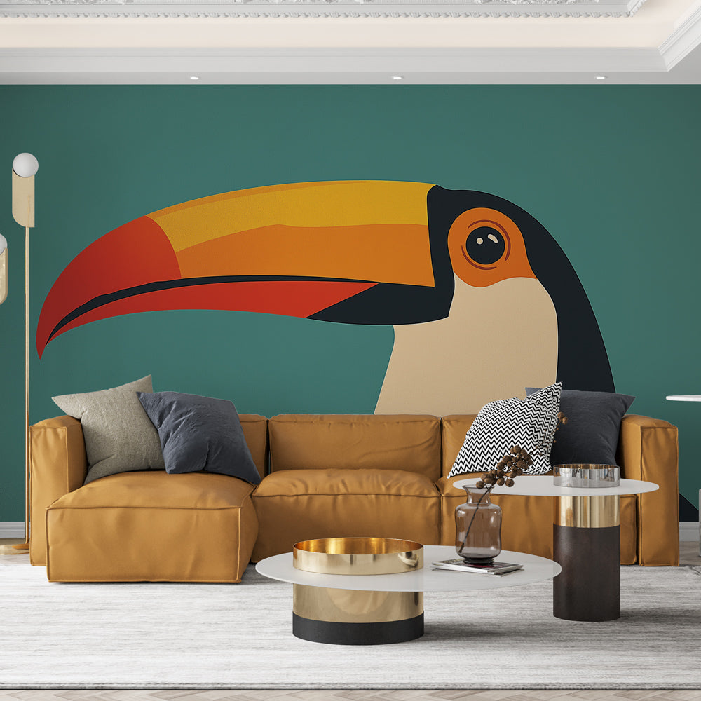 Mural Wallpaper toucan | Colorful illustrations of toucans on turquois ...