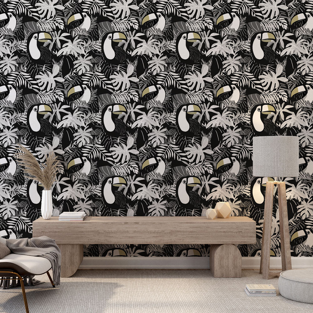 Mural Wallpaper toucan | Pattern of toucans and monochrome foliage ...