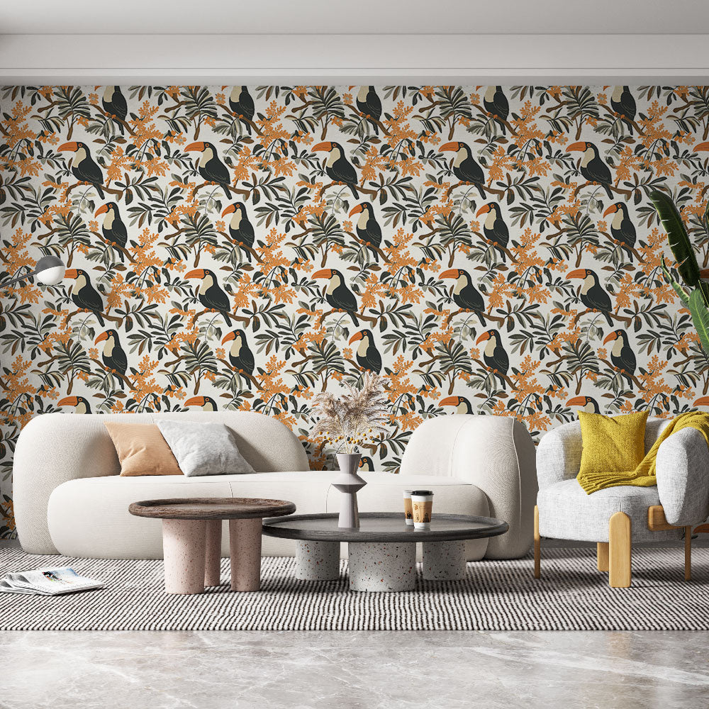 Mural Wallpaper toucan | Toucan and exotic foliage pattern — WonderMural