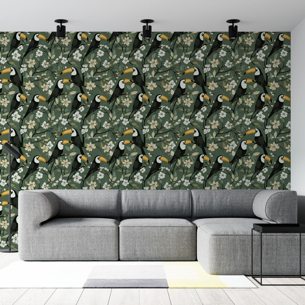 Mural Wallpaper toucan | Tropical pattern with toucans and delicate fl ...