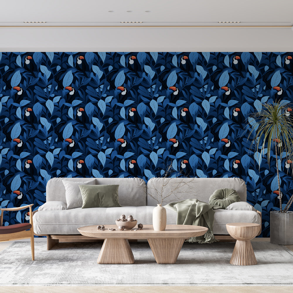 Mural Wallpaper toucan | Tropical motif with toucans on a midnight blu ...
