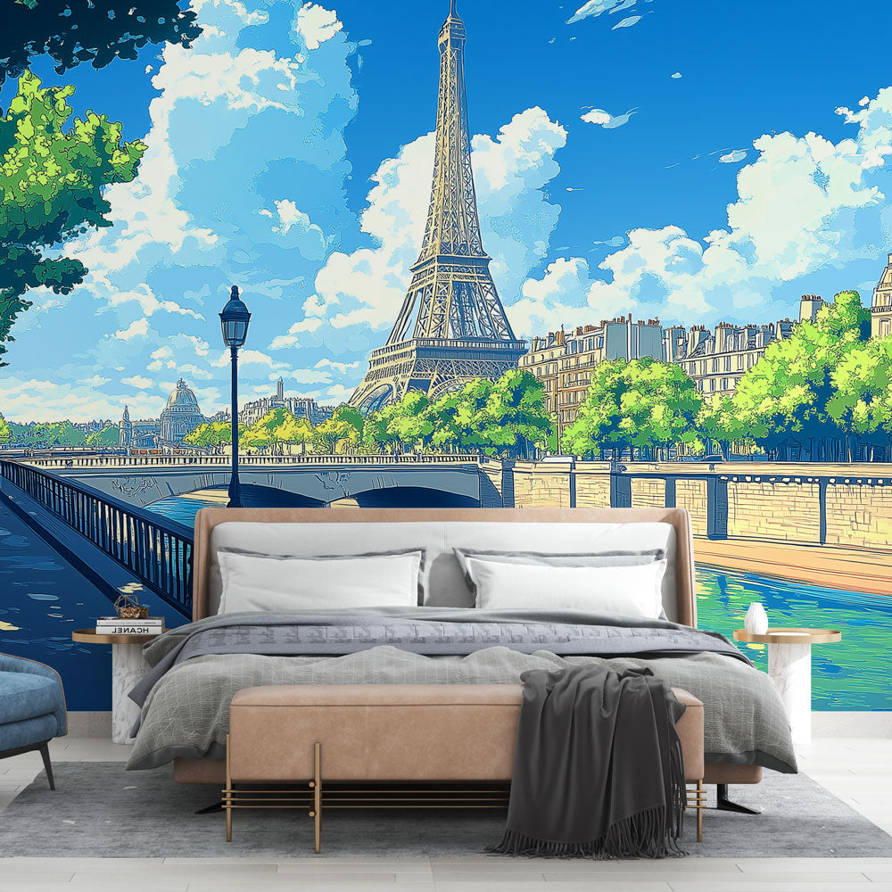Mural Wallpaper Eiffel Tower | Animated view of the Eiffel Tower and t ...