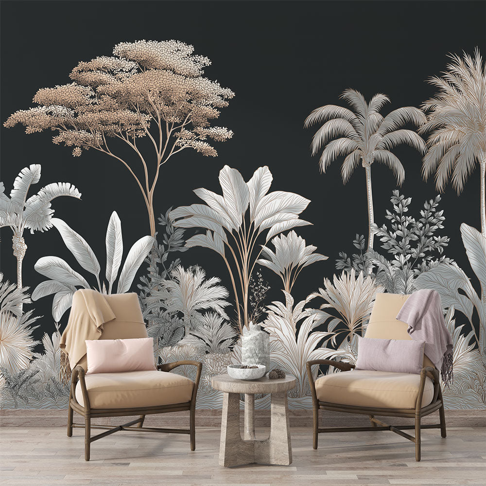 Fototapete tropisch | Botanische Muster in Gold- und Grautönen auf dun ...