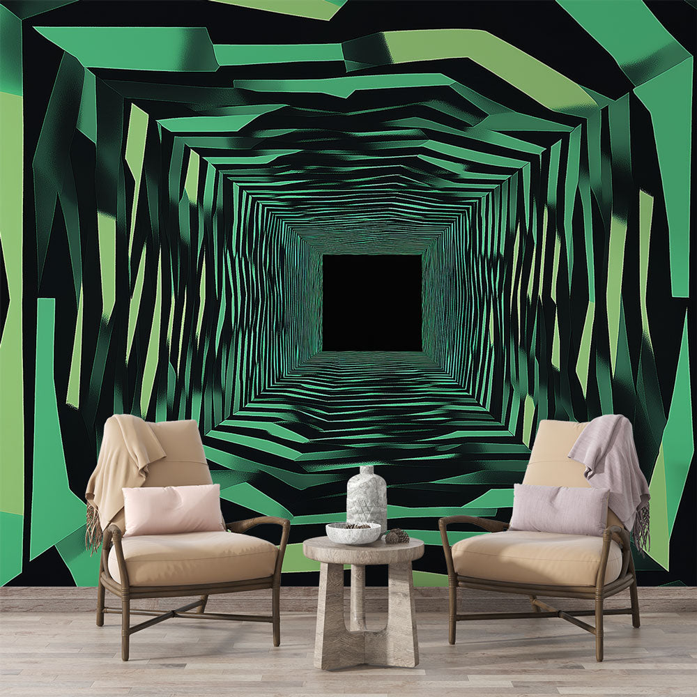 Mural Wallpaper geometric tunnel | Gradient pattern of green and black ...