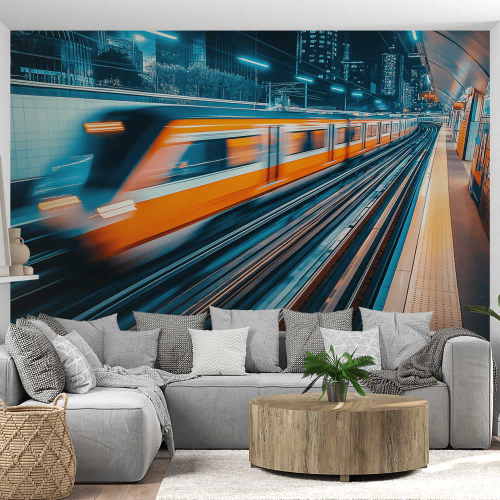Mural Wallpaper Urban | Animated Metro with Night Lights — WonderMural