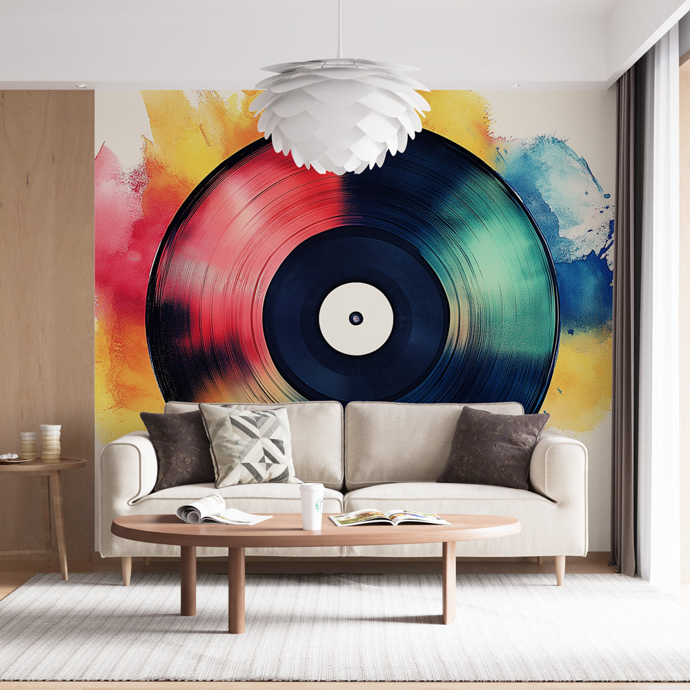 Mural Wallpaper vinyl | Colored vinyl disc with watercolor splashes ...