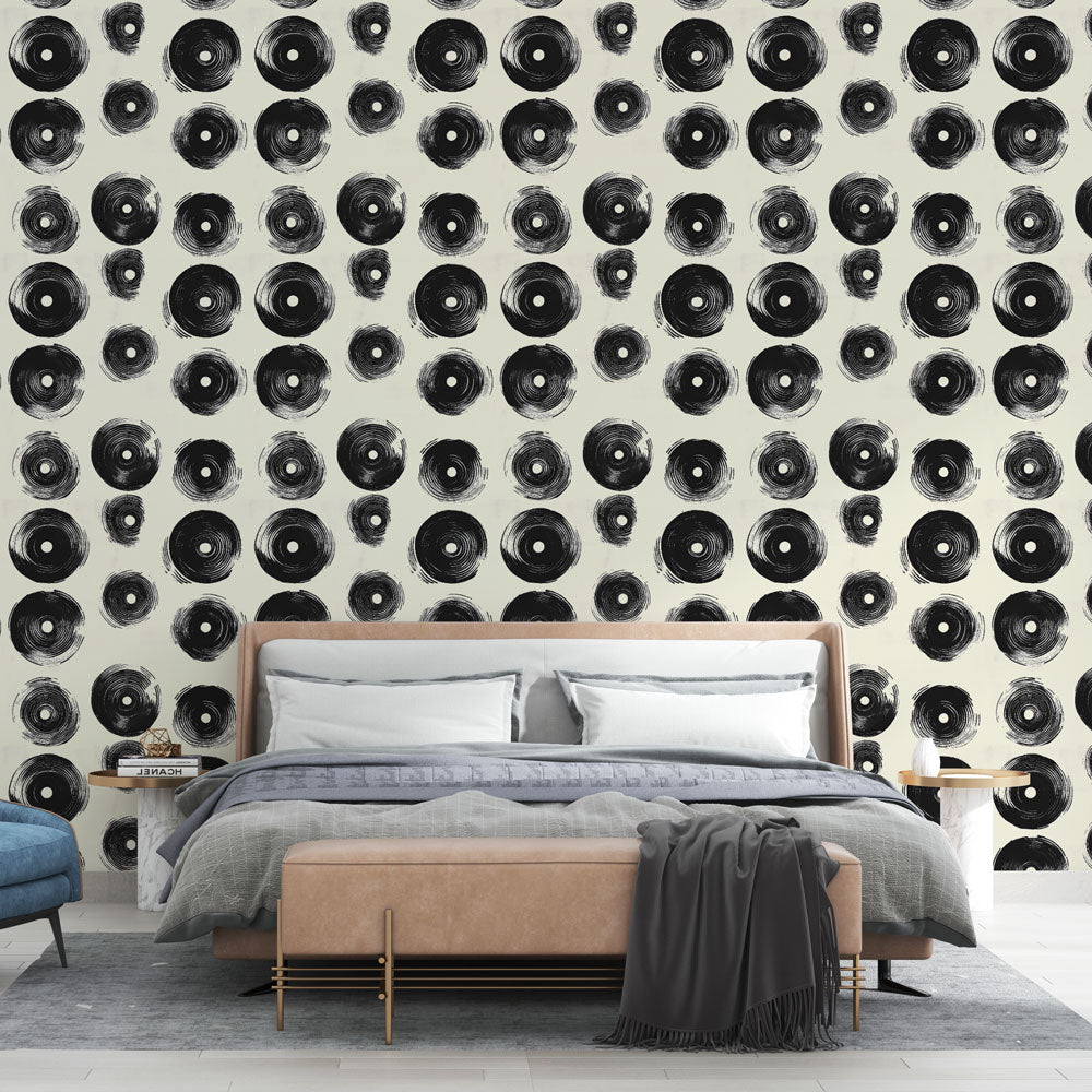 Vinyl Mural Wallpaper | Black Discs Pattern on Cream Background ...