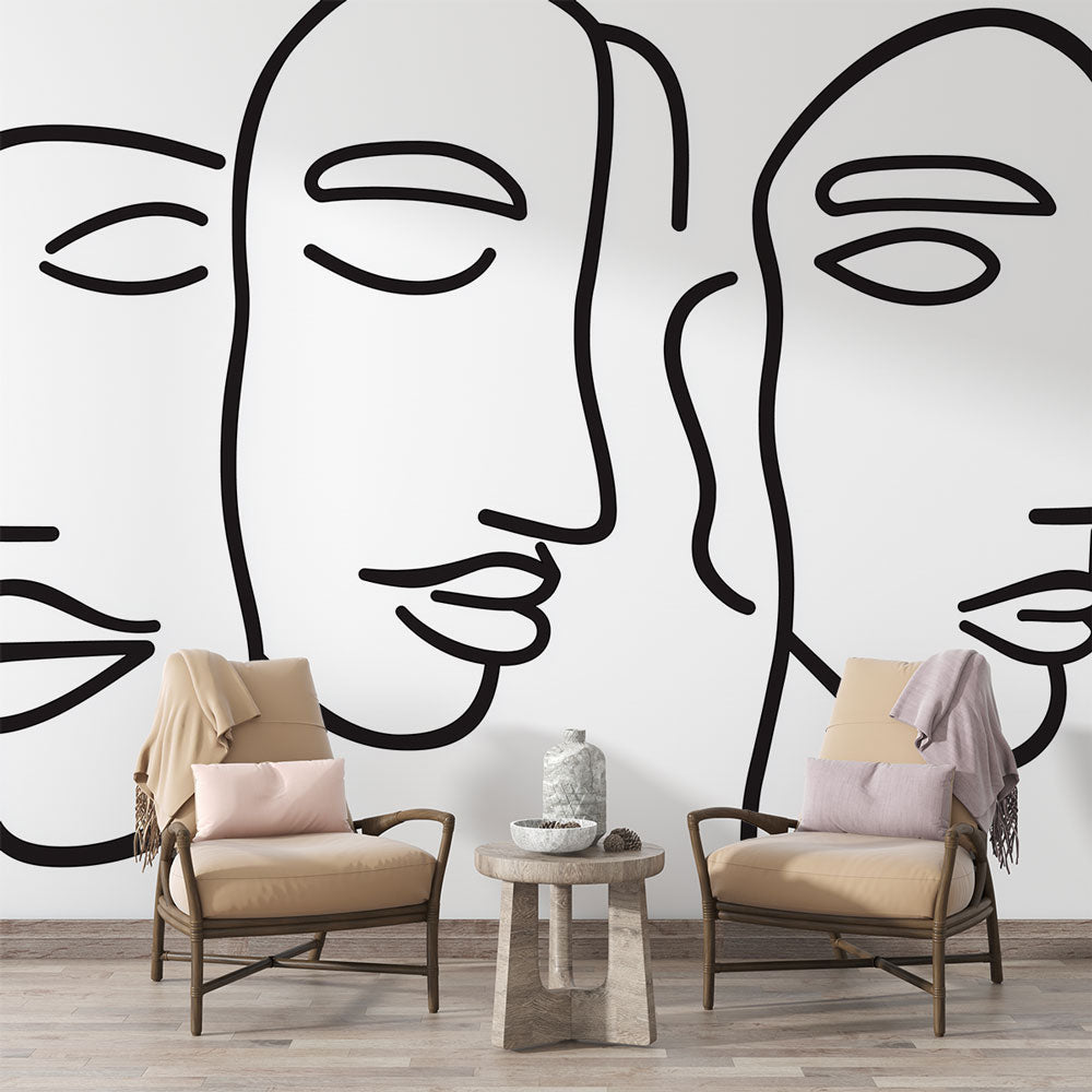 Mural Wallpaper abstract face | Minimalist design of intertwined faces ...