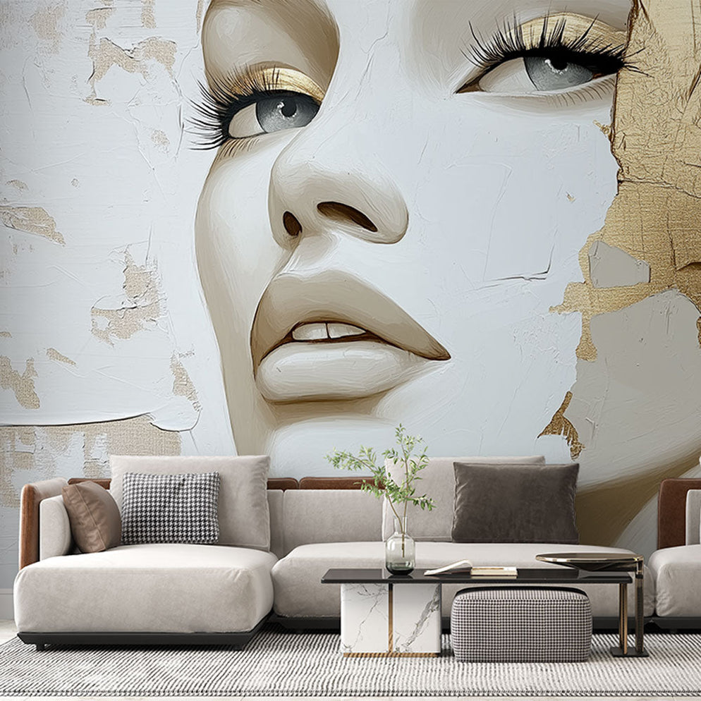 Mural Wallpaper artistic face | Stylized portrait with golden accents ...