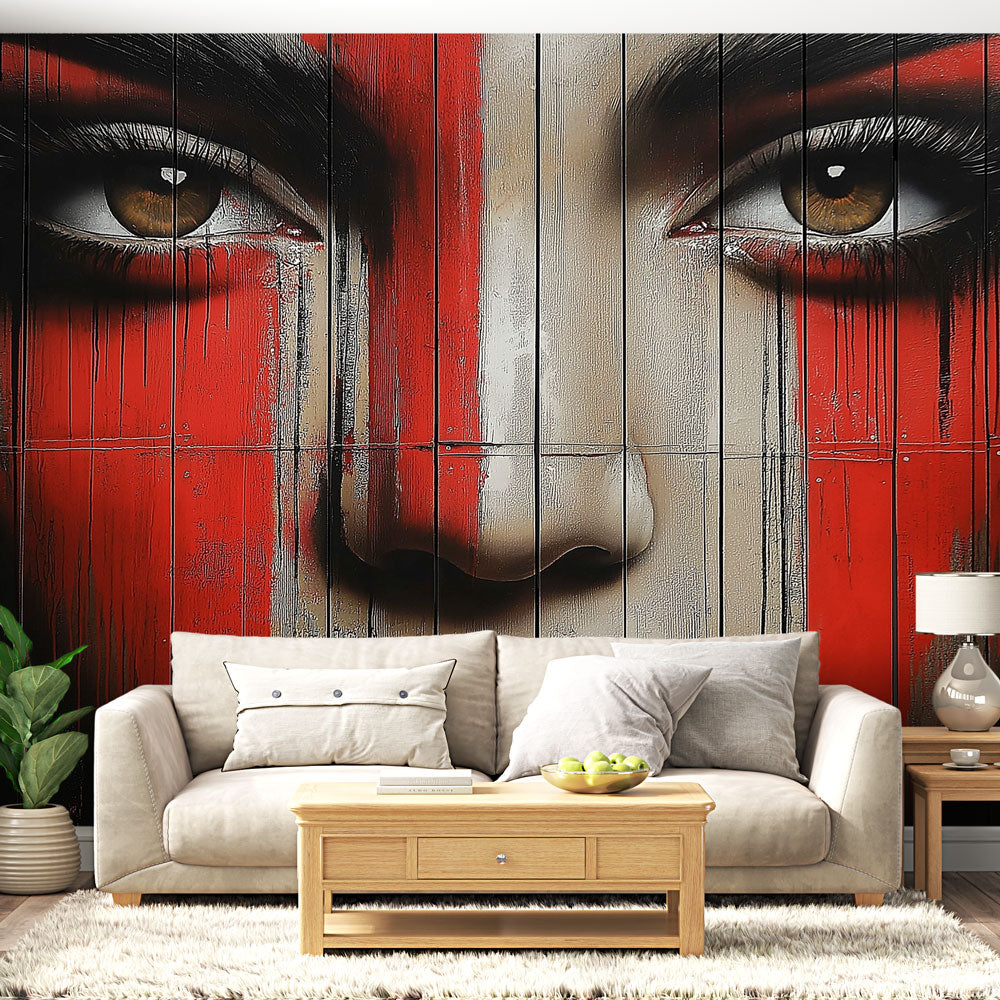 Mural Wallpaper artistic face | Female face with red and black pattern ...
