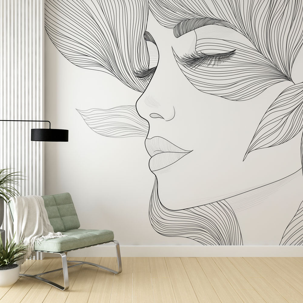 Mural Wallpaper face-and-leaves | Elegant linear design of a female fa ...