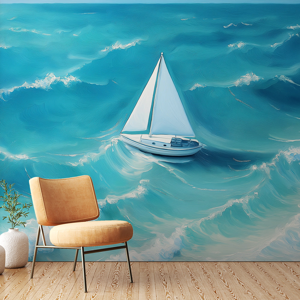 Mural Wallpaper sailboat on the sea | An animated turquoise sea with a ...