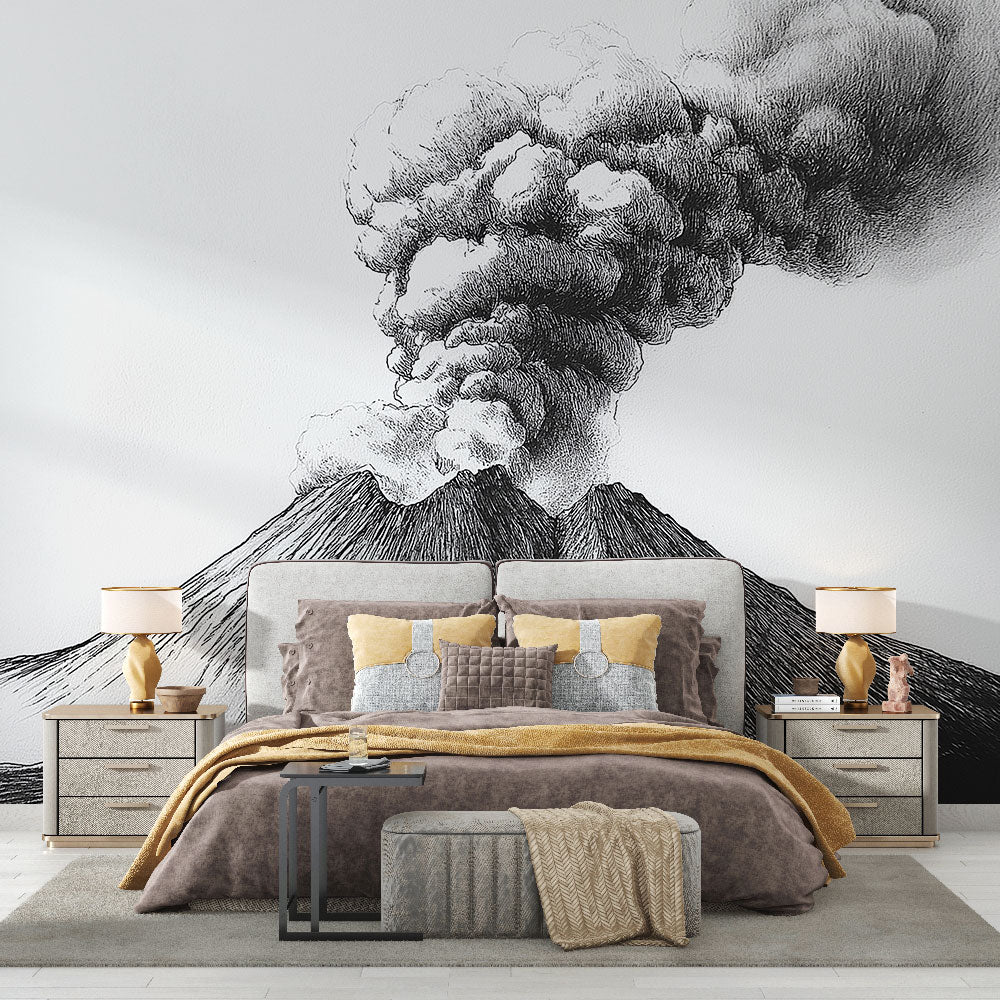 Mural Wallpaper volcano | Dramatic eruption in black and white ...