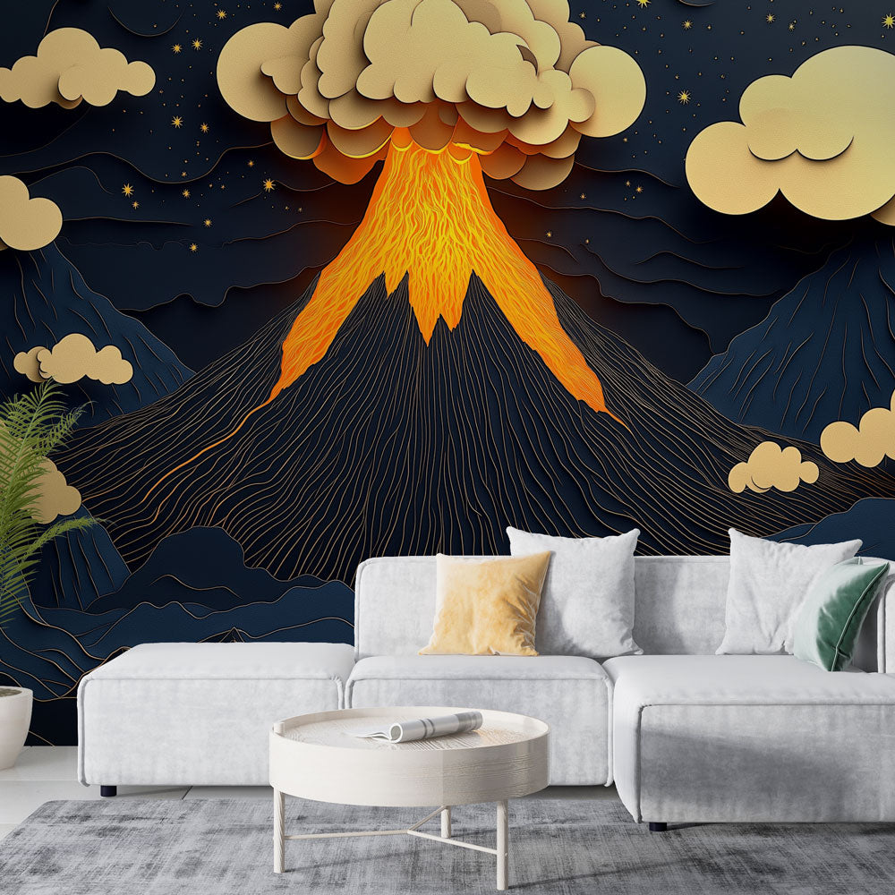 Papel pintado volcán | Erupción estilizada en tonos oscuros y dorados ...