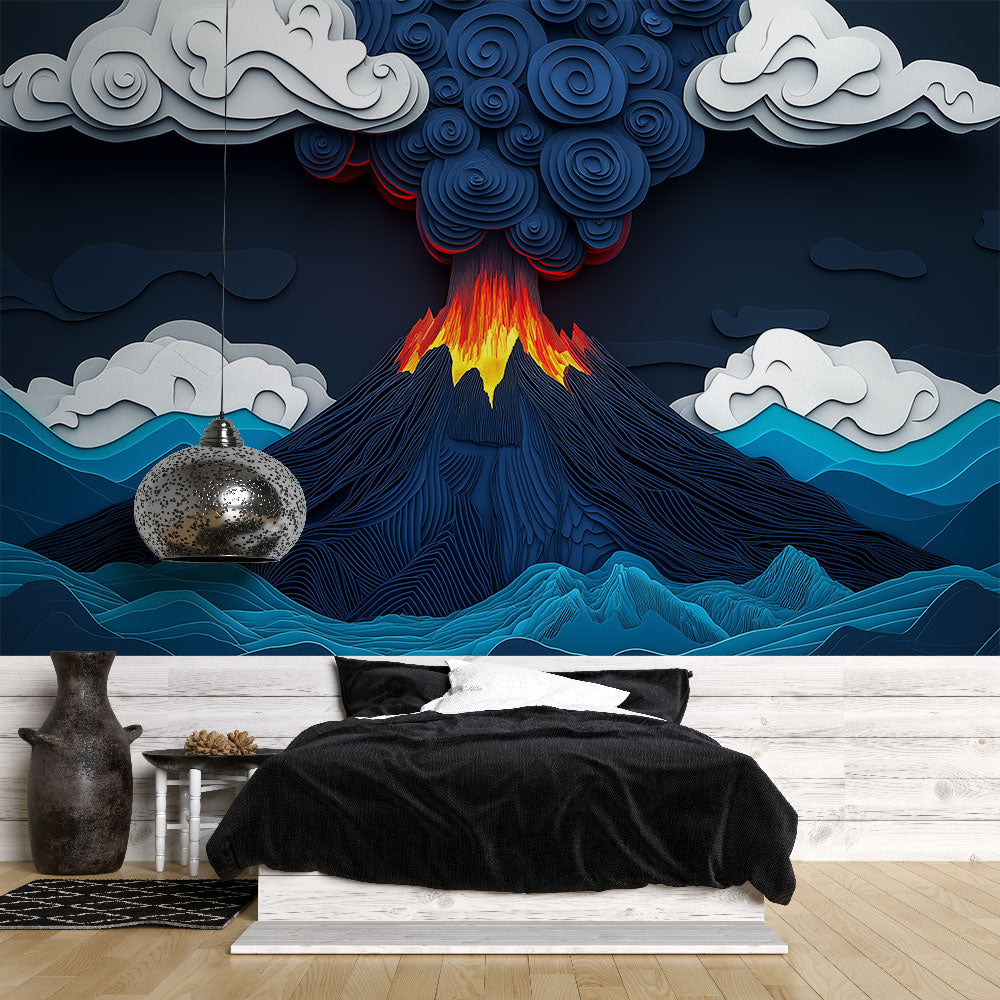 Mural Wallpaper volcano | Dynamic volcanic eruption in cut paper ...