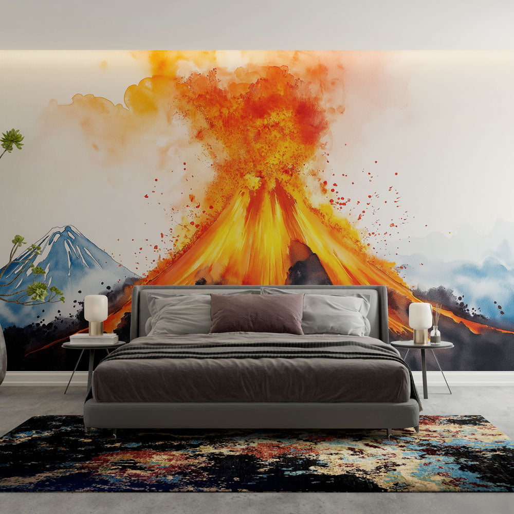 Papel de parede vulcão | Erupção vulcânica em aquarela — WonderMural